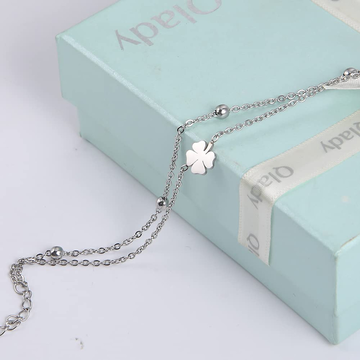 Dreamtimes Stainless Steel Lucky Bracelet Good Luck Four-Leaf Clover Bracelet Double Beads Light Luxury Jewelry Simple Charm Bracelets for Women for Friends for Lovers (Four-Leaf Clover + Beads)