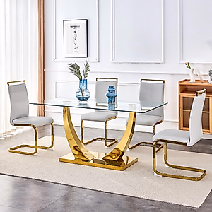 63" Glass Dining Table for 4 to 6 People, Modern Minimalist Kitchen Table with Tempered Glass Tabletop and Gold Metal Base, Large Rectangle Dining Room Table for Kitchen Dining Room