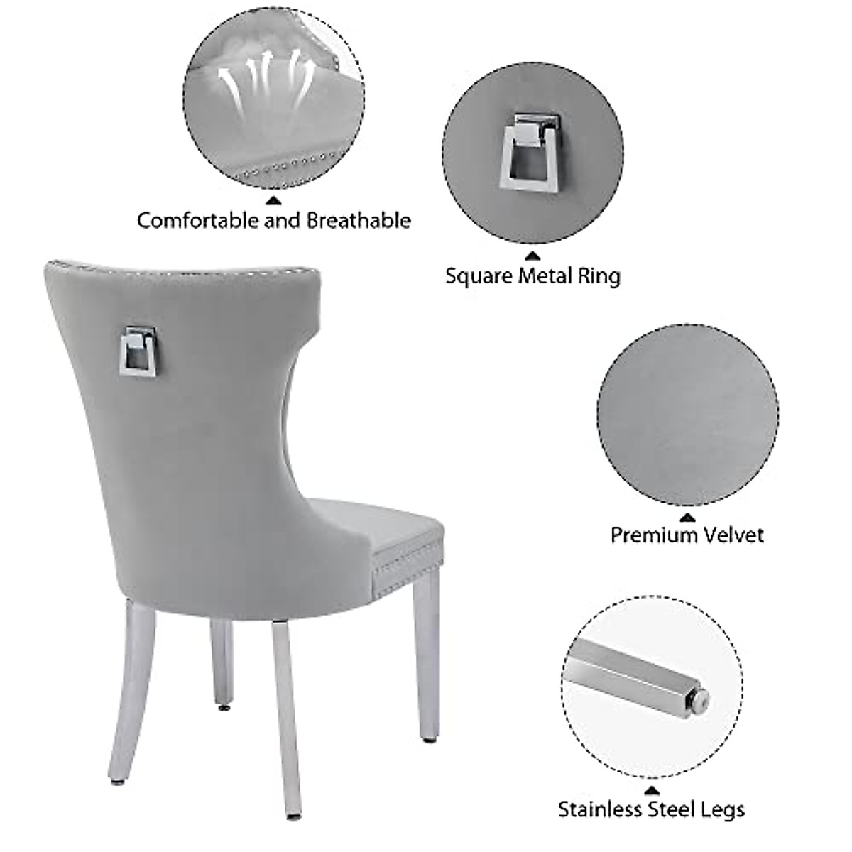 adochr Modern Velvet Dining Chairs Set of 4, Upholstered Dining Chair with Stainless Steel Metal Legs, Chairs Button Tufted Back, Grey