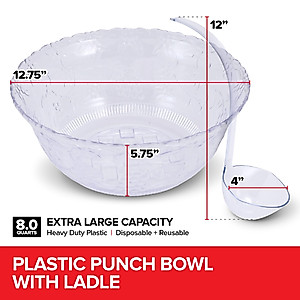 Stock Your Home Premium Plastic Punch Bowl with Ladle, Fancy Disposable Punch Bowls for Parties, Holidays, Schools, Halloween, and More, Quality Glass Like Appearance, Large Punch Bowl with Ladle Set