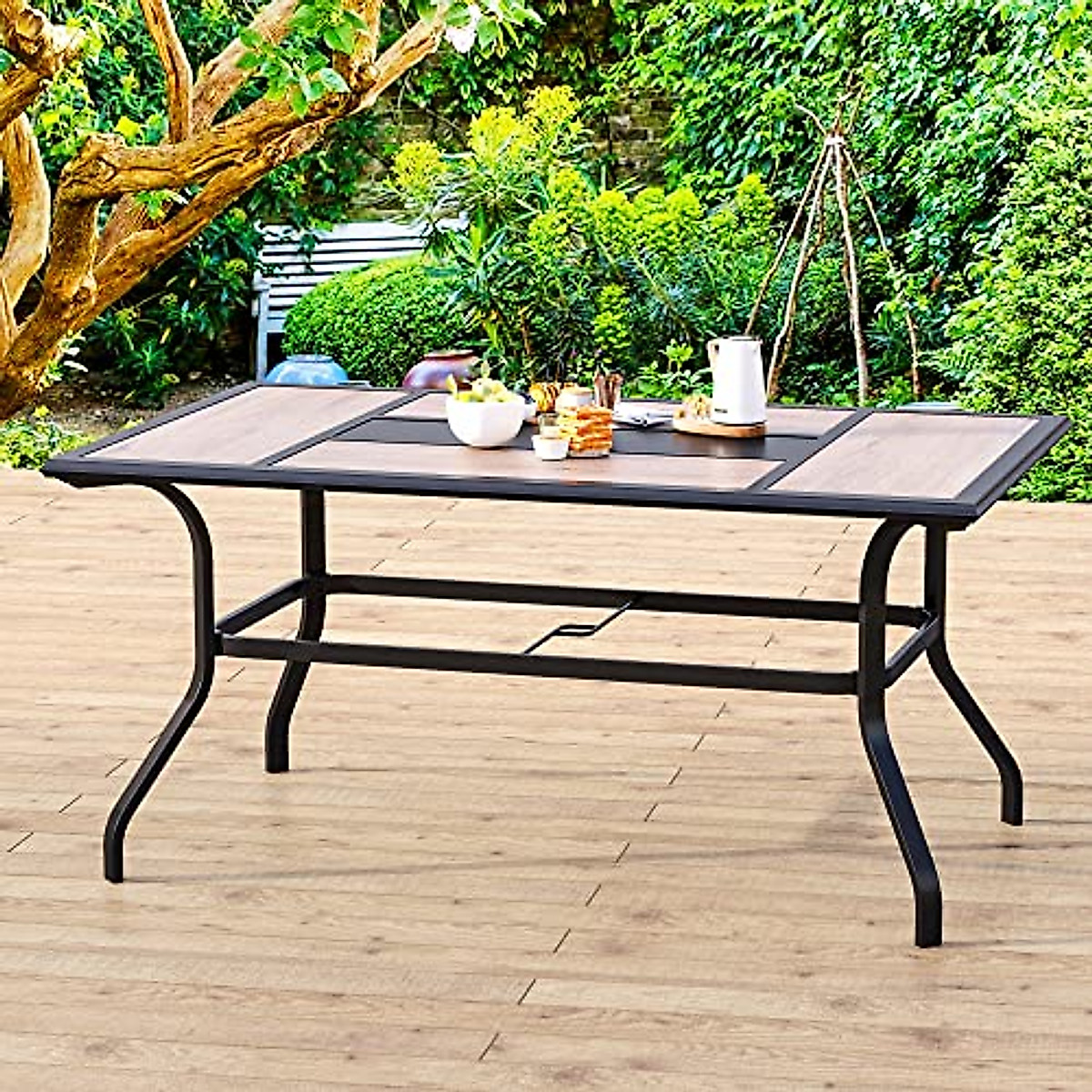 SUNSHINE VALLEY Patio Dining Table（Premium PVC Table Top）,60" x 37" x28" Rectangular Steel Outdoor Dining Table Steel Frame with 1.57" Umbrella Hole,for Garden Backyard Lawn Yard.