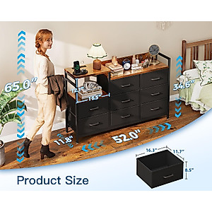 Casaottima Dresser for Bedroom with Charging Station, 52" Long Dresser with 8 Storage Drawers, Large Fabric Dressers Chests of Drawers with Shelves, Black and Vintage