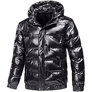 Homisy Puffer Jacket Men Winter Lightweght Reflective Shiny Hooded Down Insulated Packable Puffer Coat Warm Bomber Jacket