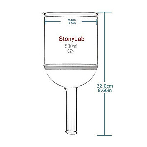 StonyLab Borosilicate Glass Buchner Filtering Funnel with Fine Frit (G3), 94mm Inner-Diameter, 100mm Depth (500 ml)
