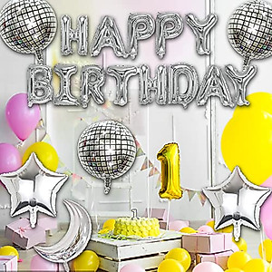 Refavor Disco Happy Birthday Decorations - 19pcs Birthday Party Decorations Disco Theme Silver Happy Birthday Letters Balloons Moon Star Ball Balloons Decor 60s 70s 80s Retro Birthday Decoration Women