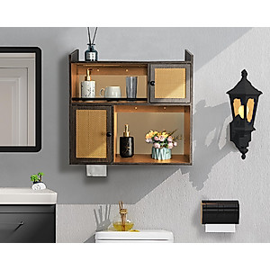 VIWODS Wall Cabinet with Light, Floating Display Cabinet for Bedroom Living Room Decor, Medicine Cabinet for Bathroom Over Toilet Storage, Rustic Brown