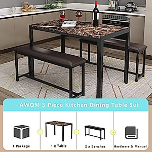 AWQM Dining Table Set 4, Metal Frame and Faux Marble Table Top, Modern 3 Piece Kitchen Table Set with 2 PU Leather Upholstered Bench for Apartment, Space-Saving Furniture, Brown