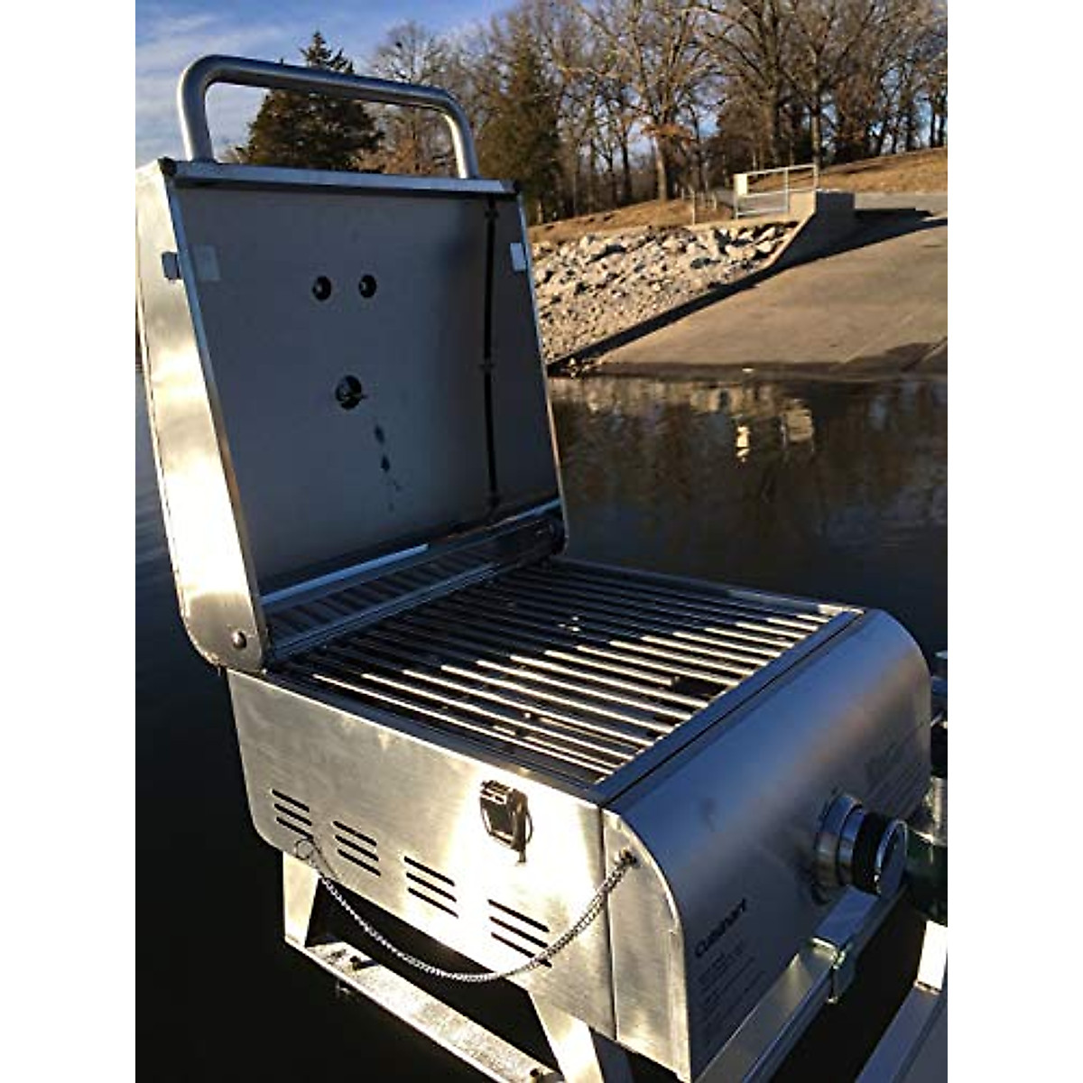 CUISINART Grill Modified for Pontoon Boat with Arnall's Stainless Grill Bracket Set + Chef Professional Featuring Full Stainless-Steel Construction