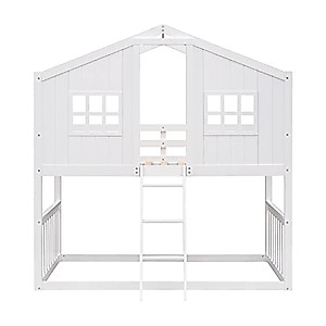 Yehha Twin Over Twin House Bunk Bed for Kids, Heavy Duty Wooden Bed w Roof and Windows, 75° Inclined Ladder, Guard Rails for Girls Boys Bedroom, White