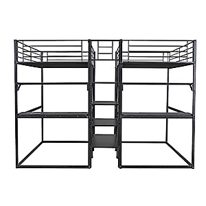 Multi-Function 4-in-1 Design Quad Bunk Bed with Storage Staircase, Double Twin Over Twin Metal Bunk Bed with Desk and Shelves, Heavy Duty Metal Bunk Bed Frame for Kids Teens, Maximize Space (Black-4)