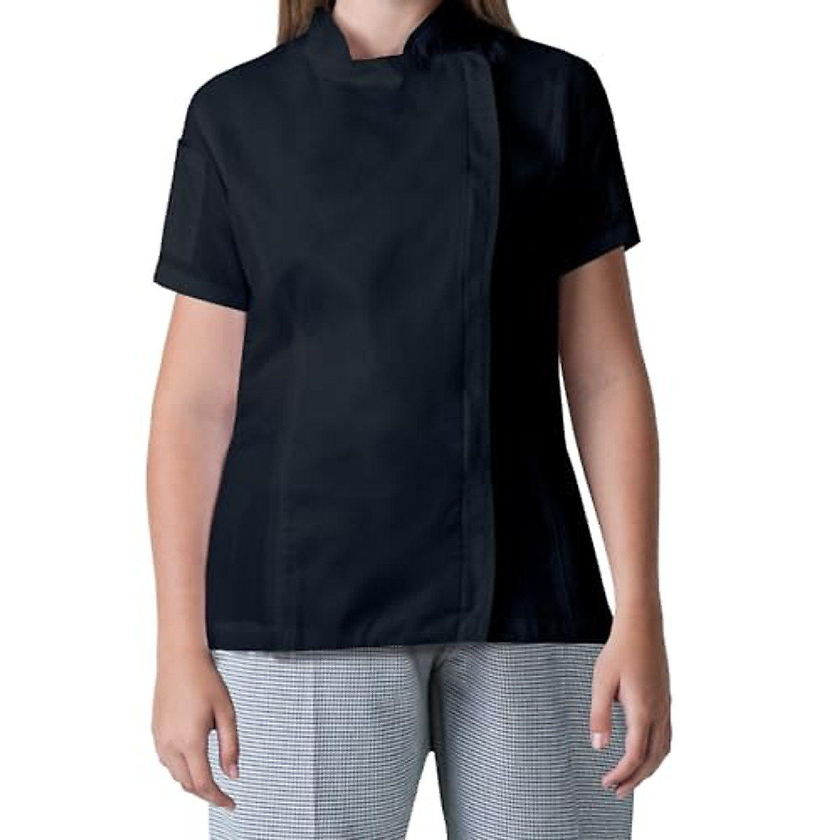 Lazzar Women's Chef Coat | Short Sleeves | Dryfit, Lightweight | Concealed Zipper With Flap | Thermometer & Instrument Pockets (Black, Large)
