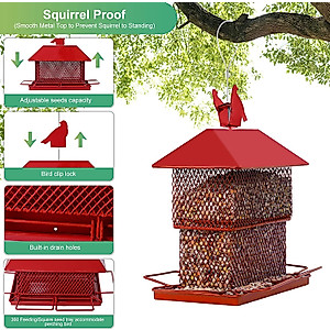 Bird Feeder for Outside Hanging Squirrel Proof Bird Feeders Metal Wild Bird Feeder Retractable Outdoor Feeder with 6 Perches for Cardinal, Finch, Chickadee, Bluebirds etc(Red)