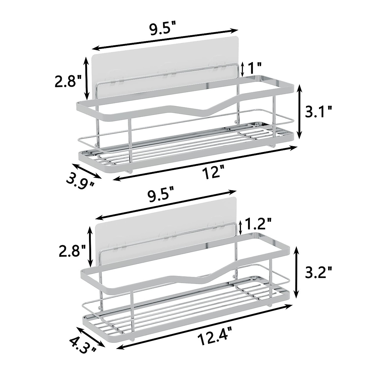 MZF 2-Pack Shower Caddy, No Drilling Adhesive Shower Shelf, Rustproof Stainless Steel Bathroom Shower Organizer Storage, Shower Shelf for Inside Shower & Kitchen Storage, Silver
