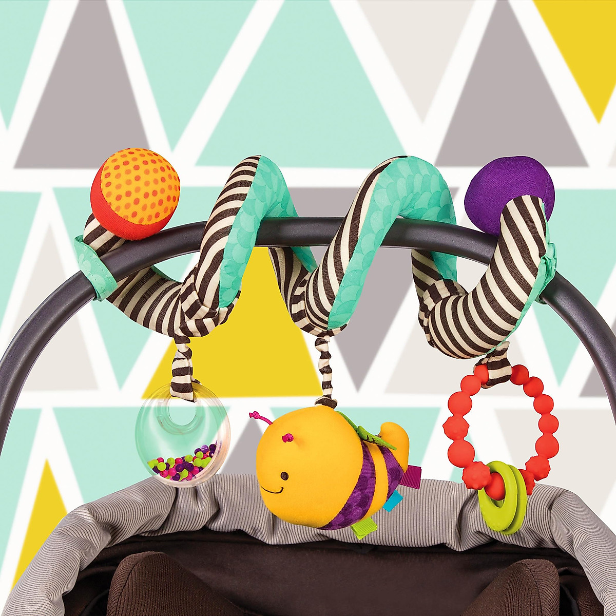 B. toys- B. baby– Wiggle Wrap- Baby Toy – Toy for Car Seat, Stroller, Crib – Spiral with 3 Hanging Toys – Rattle, Plush Bee & Teether – Wrap Around Infant Toy – 0 Months +
