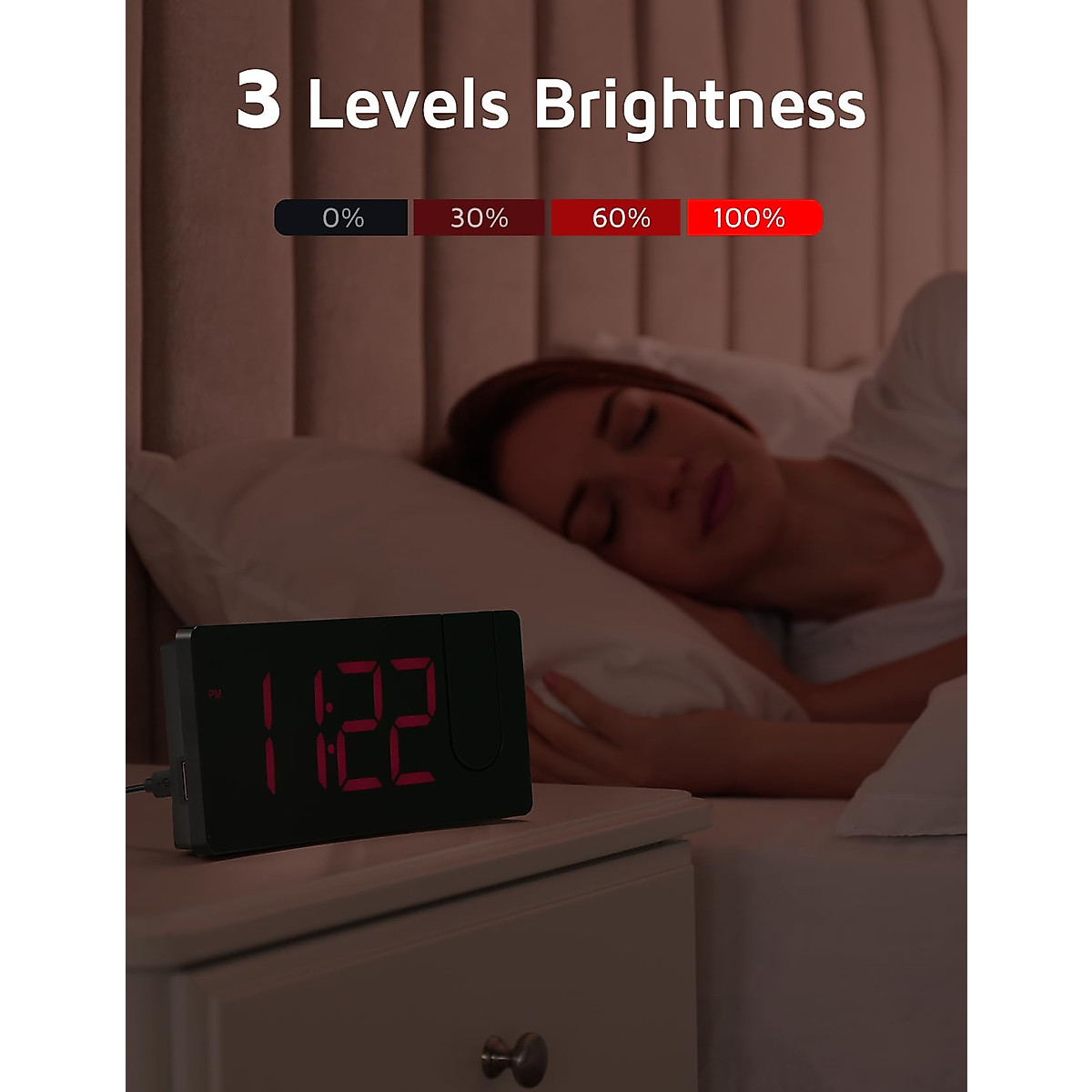 GOLOZA Projection Alarm Clock, Digital Clock with Modern Curved Design 180° Rotatable Projector, 3-Level Brightness Dimmer, Clear Red LED Display, Progressive Volume, 9mins Snooze,12/24H, for Bedroom