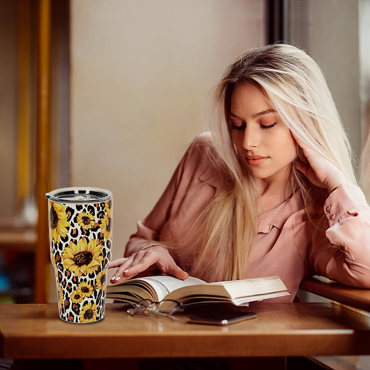 YHSHYZH 30 OZ Tumbler Cups with Lid Sunflower Stainless Steel Travel Coffee Mugs Personalized Leopard Print Insulated Cups Sunflowers Gifts for Women(30OZ, Leopard Sunflower)