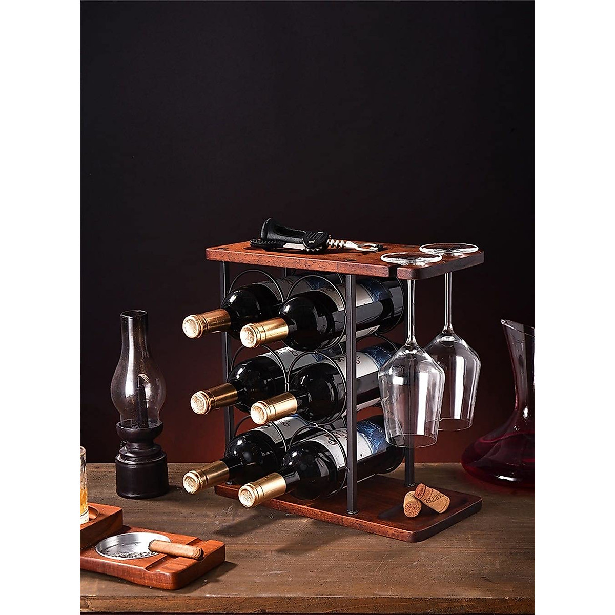 Fadak Wine Rack with Glass Stand, Countertop Wine Rack, Wooden Wine Rack with Trays, Perfect Home Decor & Kitchen Storage Rack, etc.(Accommodates 6 Bottles and 2 Glasses) (B)