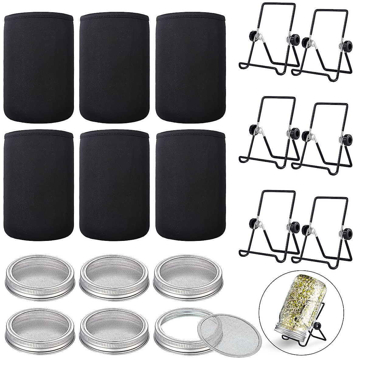6 Pack Sprouting Lids with Stainless Steel Sprouting Jar Stands, Blackout Sleeves, Sprouting Kit for Wide Mouth Mason Jar, Organic Sprouts