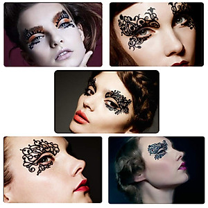 Bilbal 5 Pairs Temporary Eye Tattoo Stickers, Drama Fabric Black Lace Makeup Eye Liner Stickers for Photo Studio Masquerade Carnival Party Ball Halloween, Reusable Eye Shadow Stickers