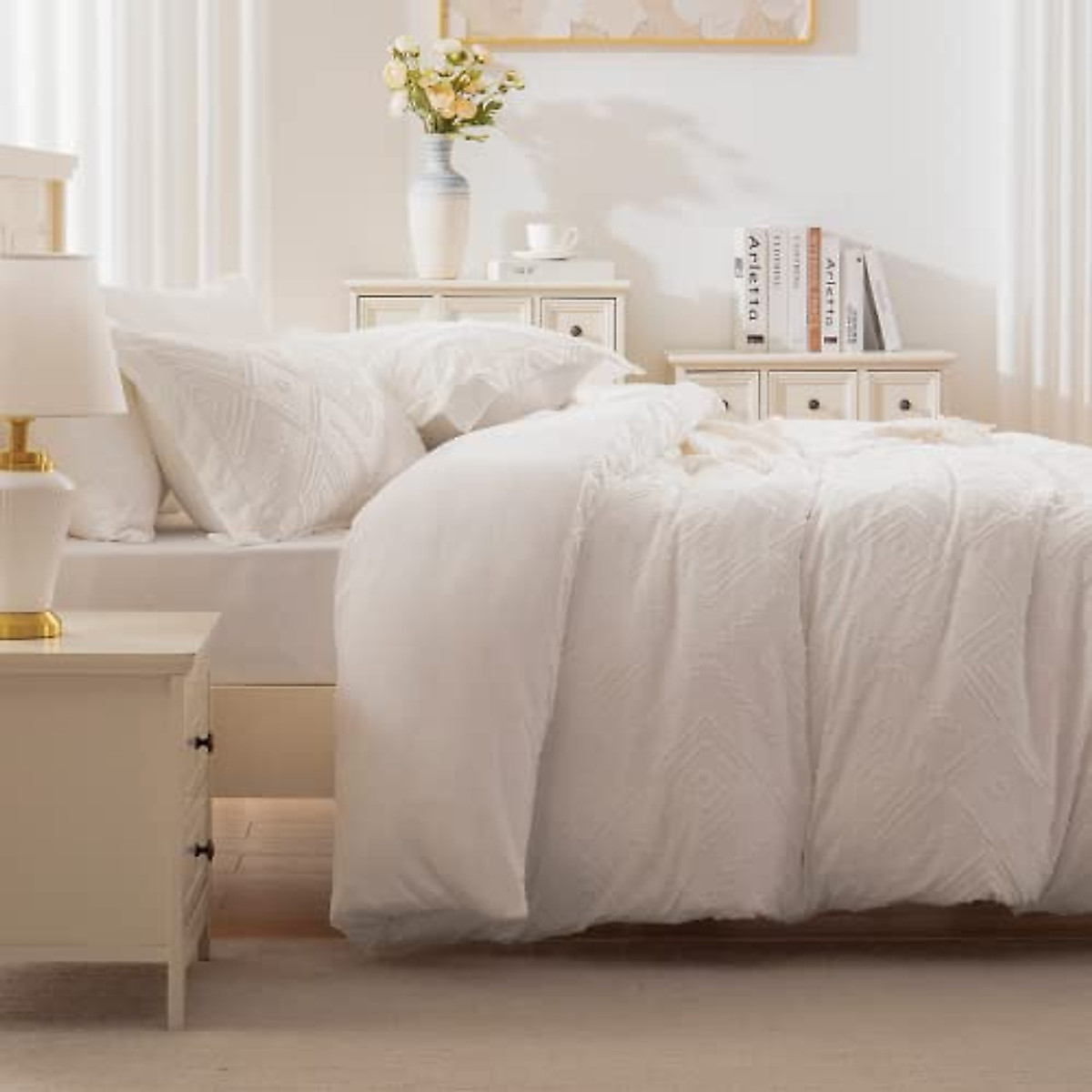 EMME Twin Duvet Cover Set, Tufted Twin Comforter Cover Set, Boho Embroidery Bedding Sets for All Seasons, 2 Pieces Embroidery Chic Duvet Cover Full, 1 Duvet Cover + 1 Pillowcase (White, Twin)