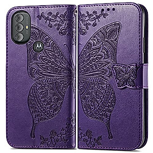 Designed for Moto G Power 2022 Case Wallet,Women Flip Cover with Butterfly Embossed PU Leather Kickstand Credit Card Holder Slots Magnetic Wrist Strap Purse for Motorola Moto G Power (Purple)