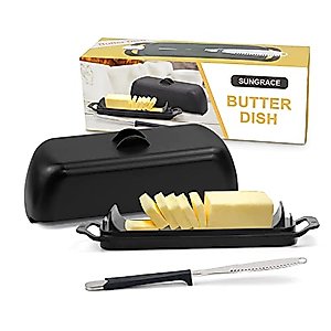 Butter Dish with Lid and Stainless Steel Knife, Light Butter Keeper, TBSP Cutting Measuring Lines Dishes, Easy Scoop, No Mess Lids, Perfect for East West Coast Butter (Black)
