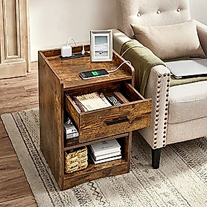 VASAGLE Nightstand with Charging Station, Bed Side Table with USB Ports and Outlets, Drawer, Storage Shelves, Plug-in Series, Rustic Brown, 40 cm x 40 cm x 64 cm