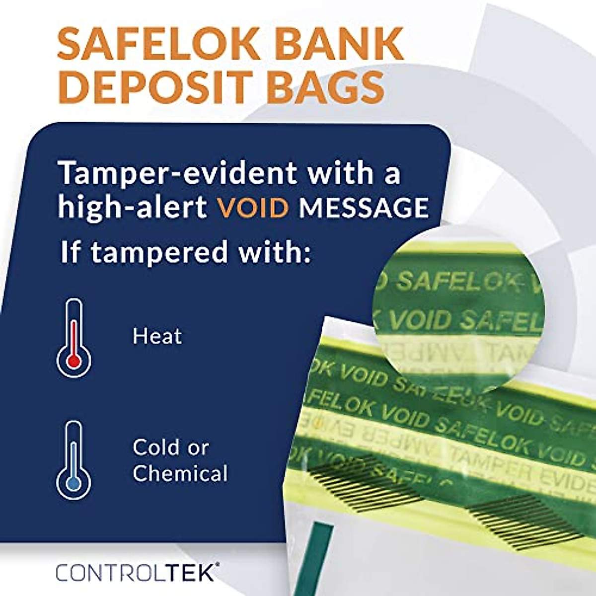 ControlTek SafeLok 12" x 16", Clear, Case of 500, Tamper-Evident Deposit Bags, Cash Currency Handling & Valuables, Moisture, Heat, Cold Detection, Tear-off Receipt + Large Barcodes 585093