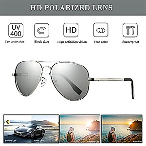 HJSTES Polarized Aviator Sunglasses for Women Men Classic Metal Shades Mirror Lens 100% UV Blocking, 58mm(Silver Frame/Silver Mirrored)