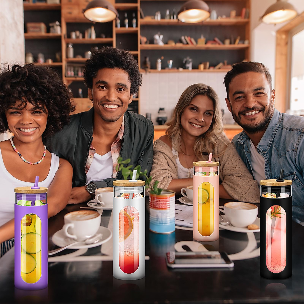 Uiifan 6 Pack 20 oz Glass Tumbler with Straw and Bamboo Lid Reusable Iced Coffee Tumbler Glass Water Bottle with Lids and Protective Sleeve Wide Mouth Water Cups for Home Office Party, 6 Colors