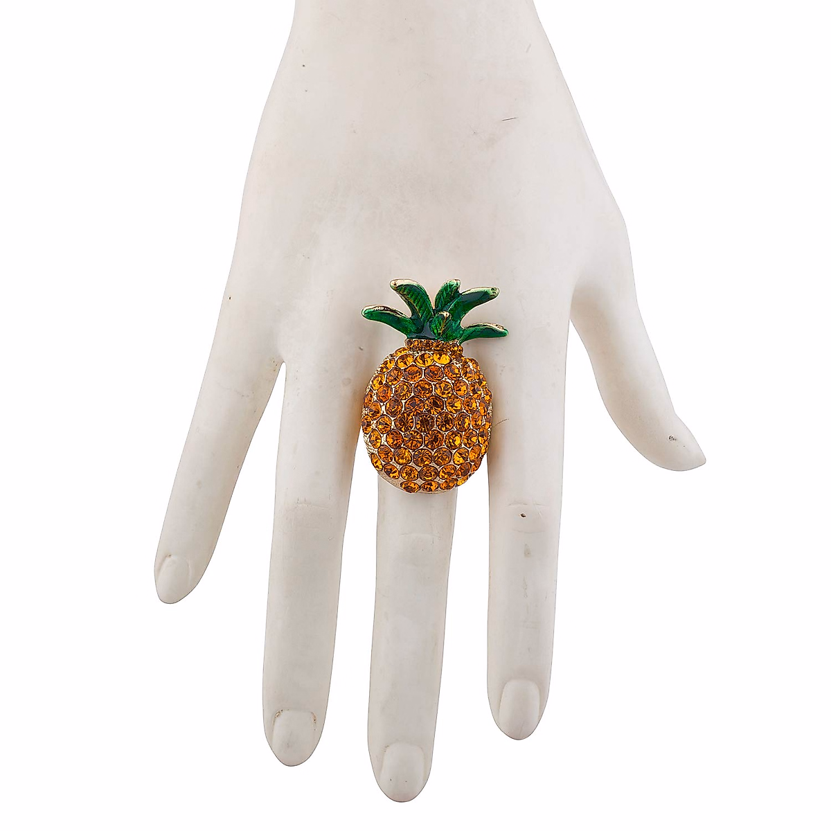 LUX ACCESSORIES Goldtone 3D Huge Pineapple Green Leaves Yellow Rhinestones Ring