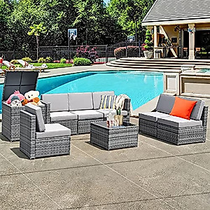 LUKEO 8PCS Outdoor Wicker Rattan Furniture Set Cushioned Sectional Sofa Storage Table Corner Sofa