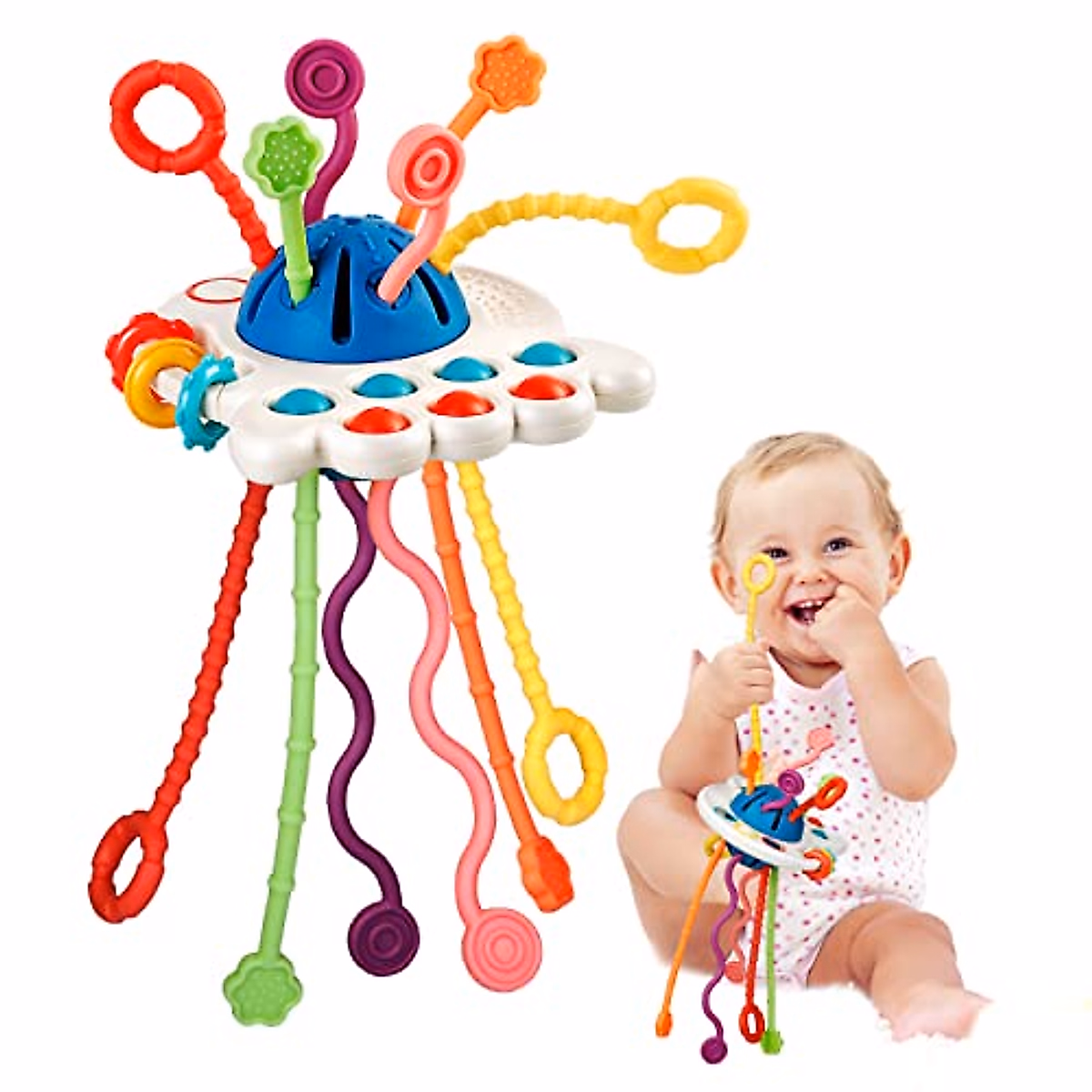Baby Toys 6 to 12 Months,4 in 1 Silicone Pull String Montessori Toys for Babies 6-12 Months, Sensory Toys for 1 Year Old Boy Girl Birthday Gifts, Baby Essentials Toys for Travel,Bath,Motor Skills