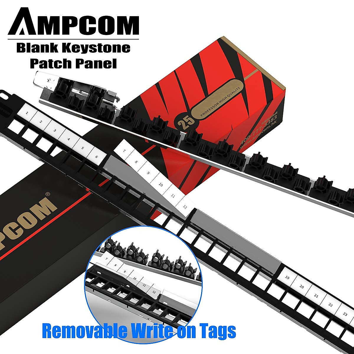 AMPCOM 24 Ports 1U Blank Keystone Patch Panel, 19 inch Rack or Wall Mount with Rear Cable Management Panel for Ethernet CAT5e/CAT6/CAT7, USB, HDMI