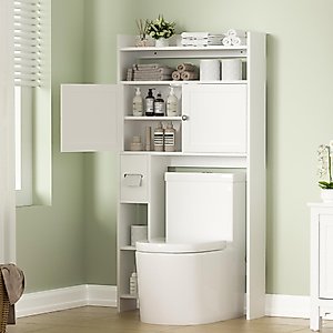 MU Over The Toilet Storage Cabinet with Doors, 32" Bathroom Storage Organizer with Side Shelves, Space-Saving Toilet Storage Rack for Bathroom, Laundry (White)