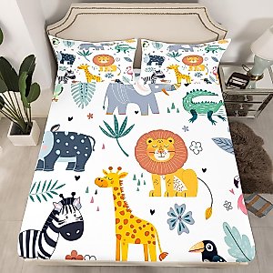 Kids Zoo Animal Fitted Sheet & Pillow Sham Set Cute Wild Animals Fitted Sheet Cartoon Safari Wild Print Bedding Set for Boys Girls Child Teens Bedroom Decor Exotic Natural Theme Bed Cover Twin Size…