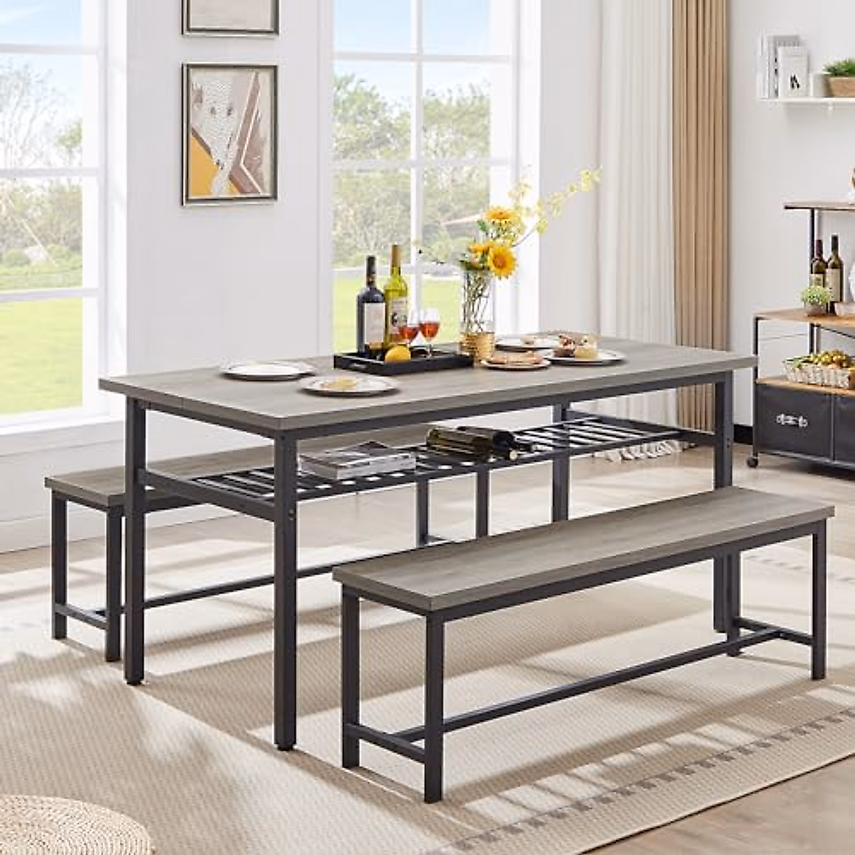 Rovibek 2 Benches Dining Table Set, Modern Space Saving Kitchen Desk, Wooden Industrial Style Farmhouse, 67", Grey