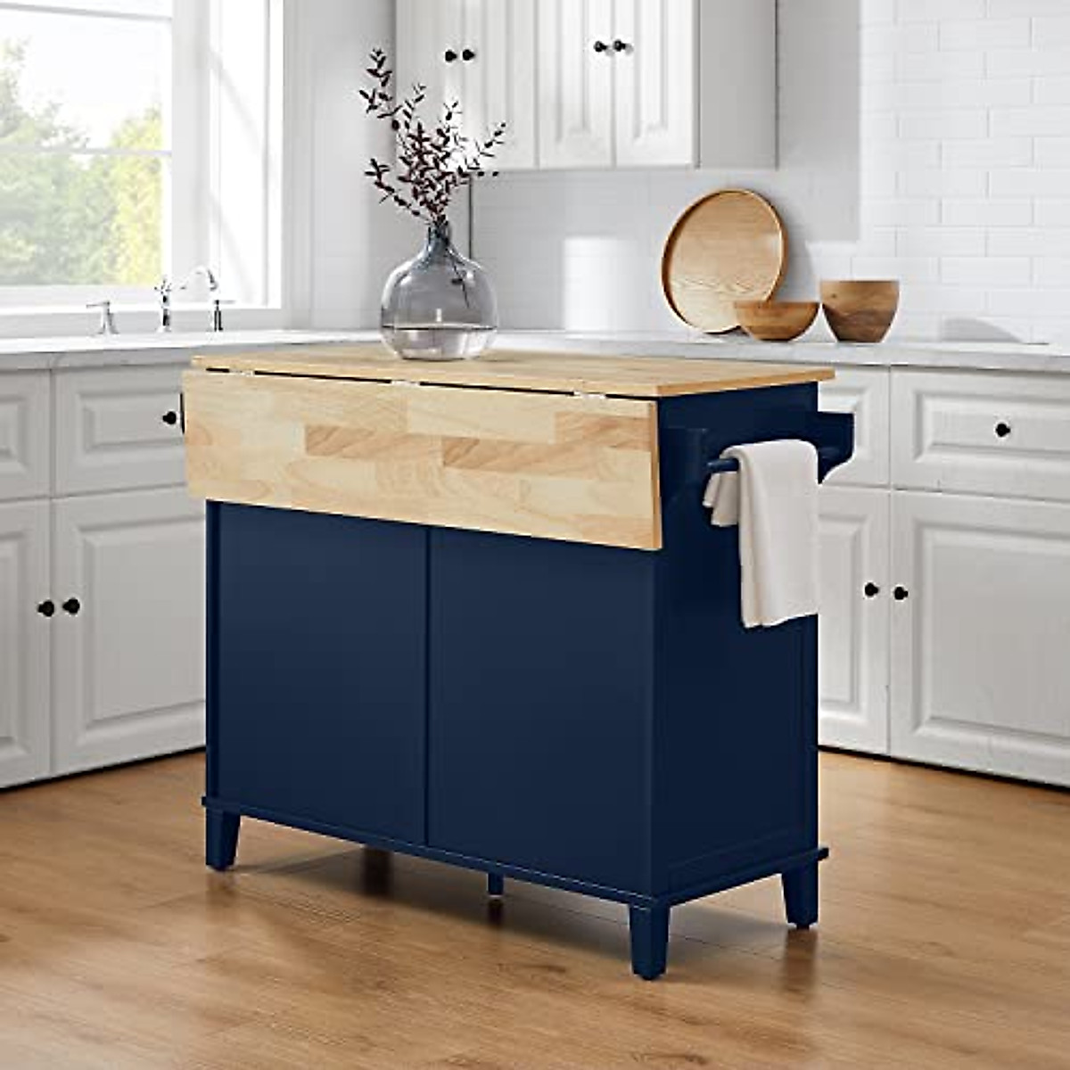 Crosley Furniture Cora Drop Leaf Kitchen Island Microwave Stand, Coffee Bar with Storage Drawers and Shelves, Navy