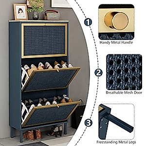 Sweiko Entryway Shoe Storage Cabinet with 3 Flip Drawers Metal Door Shoe Cabinet Organizer with Mesh Door Freestanding Shoe Rack Storage Cabinet with Wooden Top for Hallway Bedroom Mudroom Blue-Gray