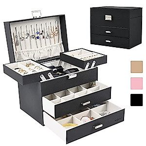 Dajasan Jewelry Boxes for Women Girls, Jewelry Organizer Box, 4 Layers Large Jewelry Storage Organizer for Earring, Ring, Necklace, Bracelets (Black)