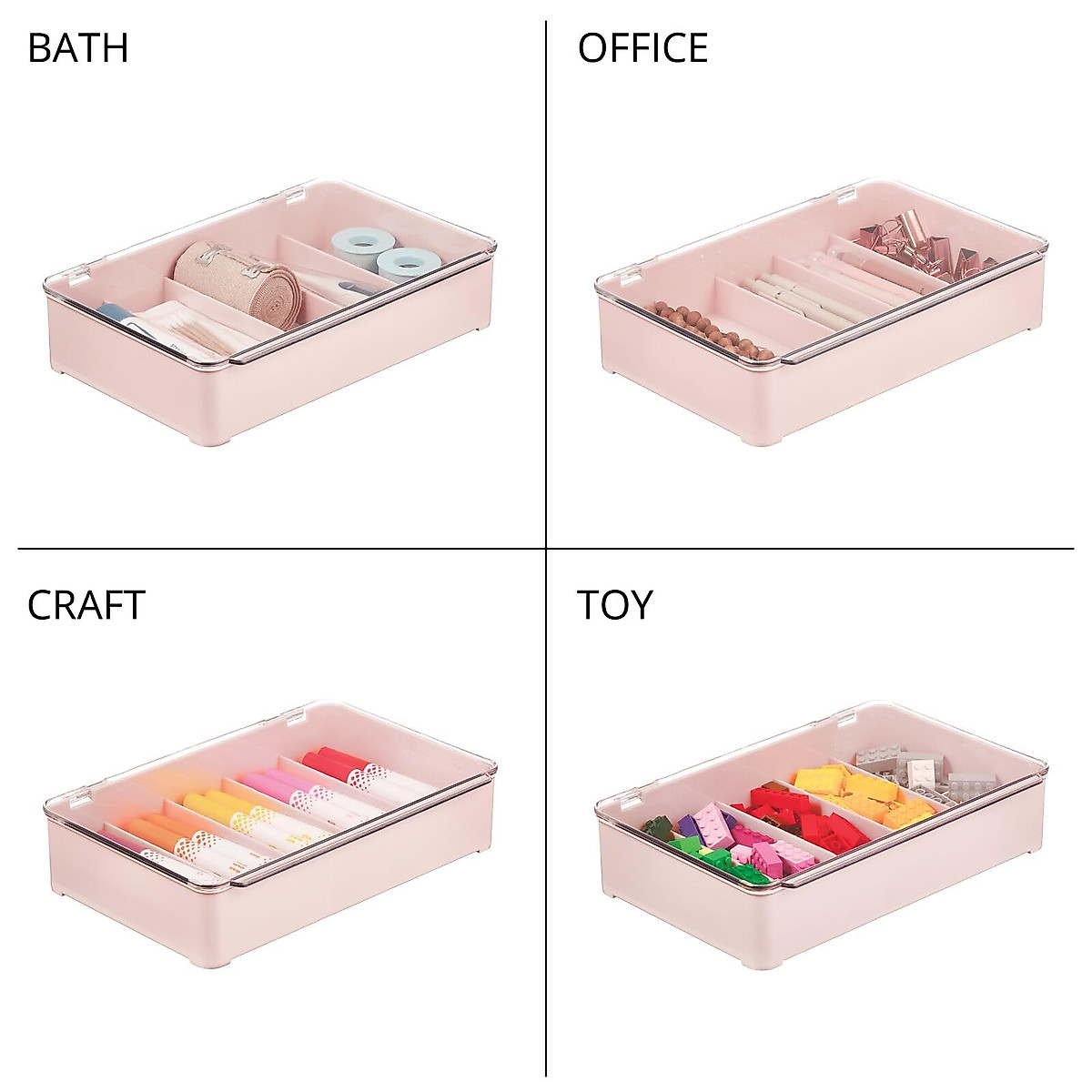 mDesign Plastic Stackable Eyeglass Case Storage Organizer with Hinged Lid for Unisex Sunglasses, Reading Glasses, Fashion Eye Wear, Protective Glasses, 5 Sections, Ligne Collection, 2 Pack, Light Pink