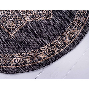 Unique Loom Outdoor Traditional Collection Area Rug - Antique (4' 1" Round, Charcoal Gray/ Natural)