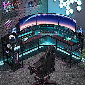 LITTLE TREE L Shaped Gaming Desk: Computer Desk with Power Outlet & LED Stripe, Modern Coner L Desk with Storage Shelves for Home Office - Black