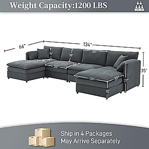 ONEMMLION 134" Cloud Couch Sectional Sofa with Ottomans, Modular Sectional Couch with Double Cushions, Modern 6 Seat Comfy Oversized Chenille U Shaped Couch for Living Room, Grey