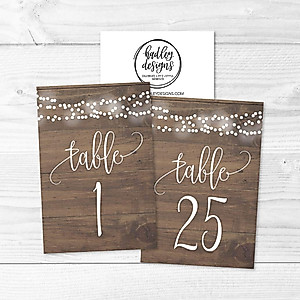 Hadley Designs 1-25 Rustic Wood Lights Table Number Double Sided Signs For Wedding Reception, Restaurant, Birthday Party Calligraphy Printed Numbered Card Centerpiece Reusable Frame Stand 4x6 Size