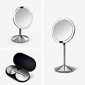simplehuman Floor Mount 5" Round Rechargeable Mini Travel Sensor Makeup Mirror, 10x Magnification, Brushed Stainless Steel