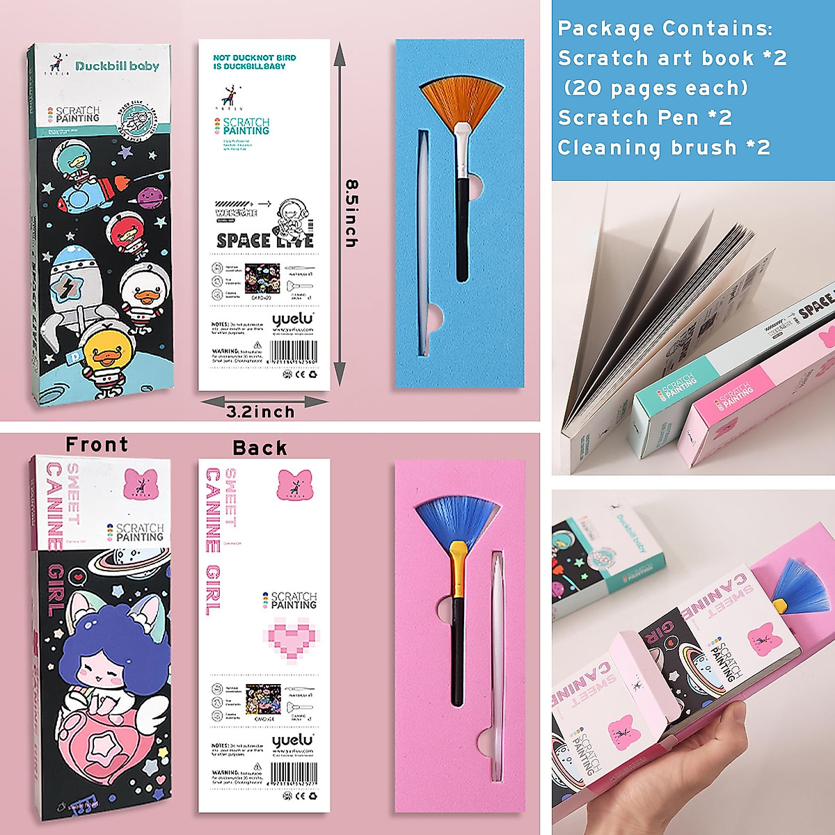 40 Card Rainbow Sparkle Scratch Painting Note, Hand-Eye Coordination Art&Crafts, Mini Magic Scratch DIY Graffiti Creative Bookmarks Gift for Kids&Adults, 8.5''x3.2'' (Canine Girl/Duckbill Baby Space)