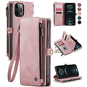 Defencase for iPhone 12 Pro Max Case Wallet for Women, Durable PU Leather Magnetic Flip Lanyard Strap Wristlet Zipper Card Holder Phone Cases, Rose Pink