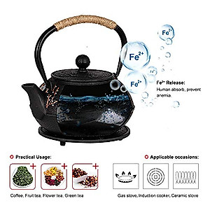 Cast Iron Teapot with Tea Cups Trivet Japanese Style Tetsubin Tea Kettle with Infuser Iron Tea Set Gift for Adult Father Mother Family (Black,Magpie on the Plum Design)