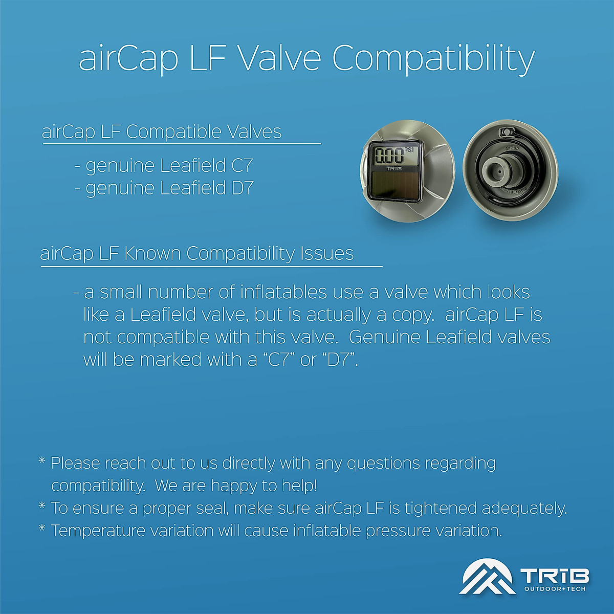 TRiB airCap LF Pressure Gauge for Inflatable SUP, RIB Boat, Kayak, Raft, fits C7/D7 Valves